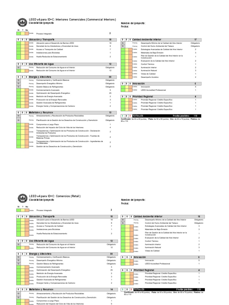 LEED v4 For Interior Design and Construction Checklist - 1 PAGE - ES ...