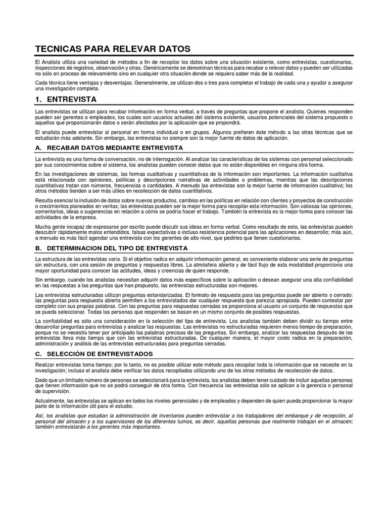 1 - Tecnicas para Relevar Datos | PDF | Cuestionario | Información