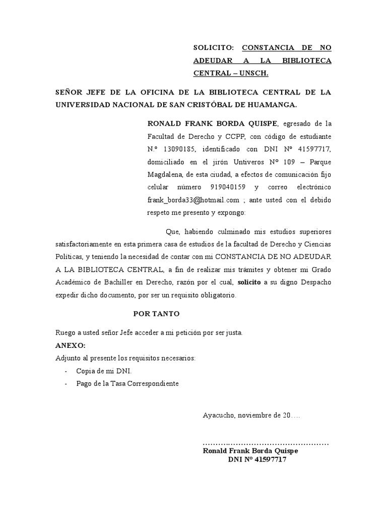 SOLICITO Constancia de No Adeudar Biblioteca Unsch | PDF