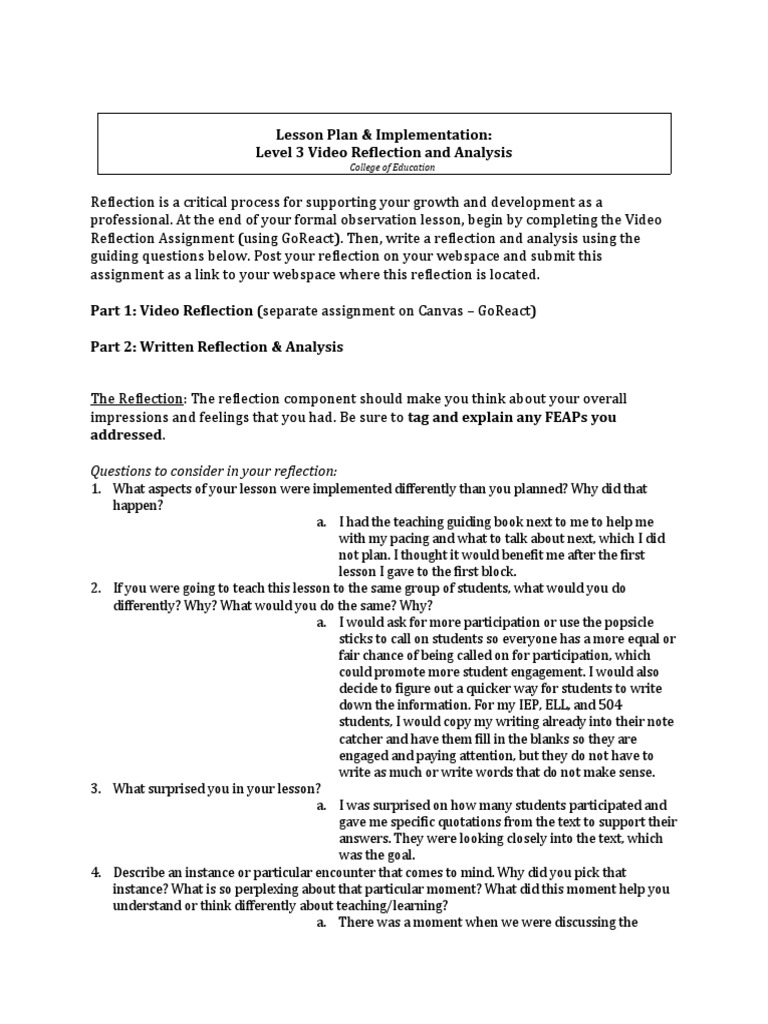 Lesson Plan & Implementation: Level 3 Video Reflection and Analysis ...