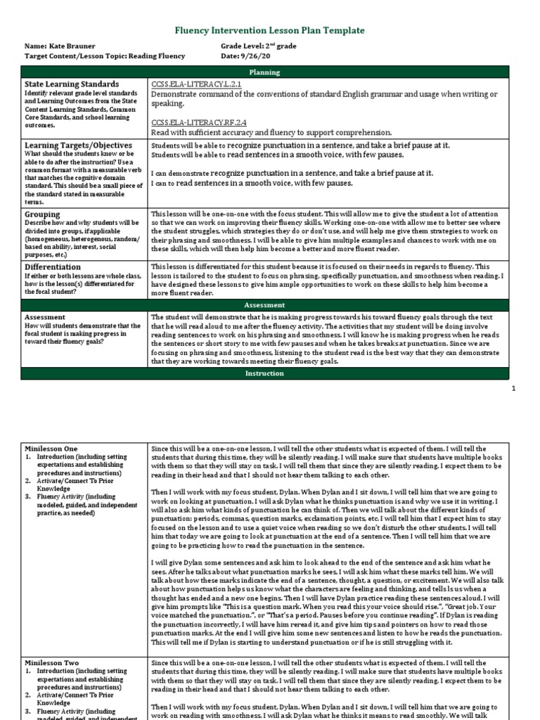 Fluency Intervention Lesson Plan Template: Ccss - Ela-Literacy.L.2.1 ...