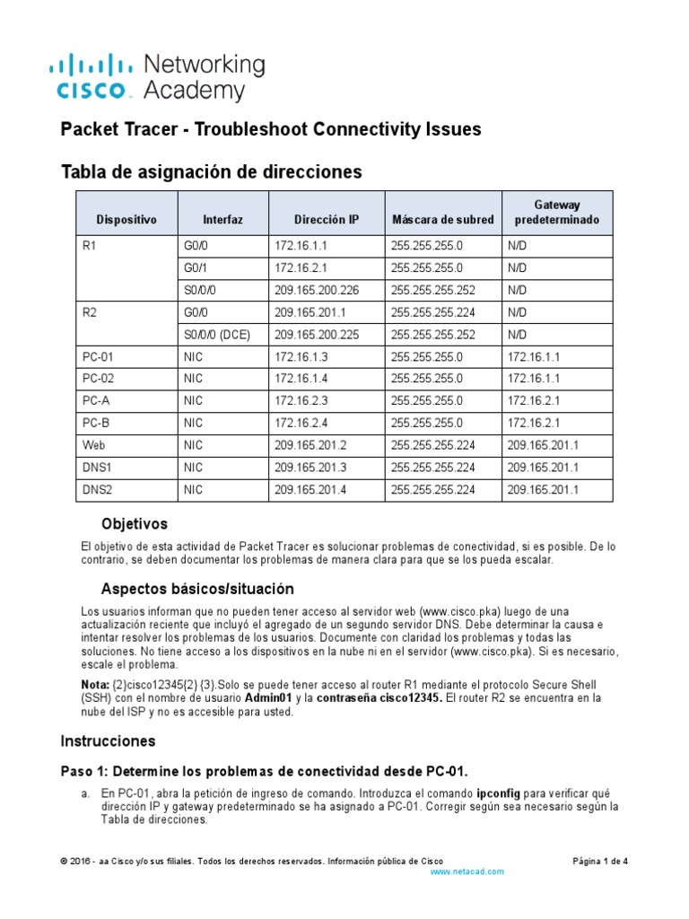 17 7 7 Packet Tracer Troubleshoot Connectivity Issues Pdf Gateway Telecomunicaciones