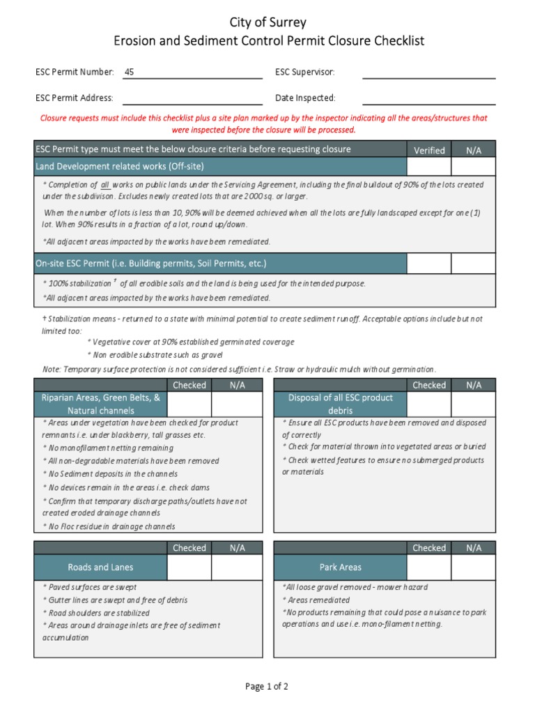 ESC Permit Closure Checklist - Sept - 2020 | PDF | Erosion | Road
