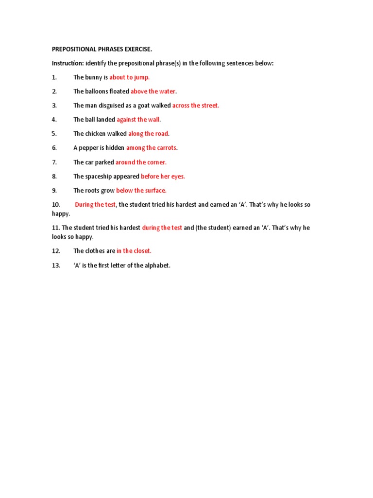 Prepositional Phrases Exercise Worksheet | PDF