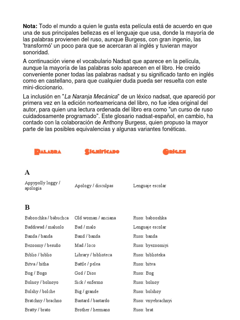 Diccionario Nadsat - Español - Inglés | PDF | Lingüística | Lexicología