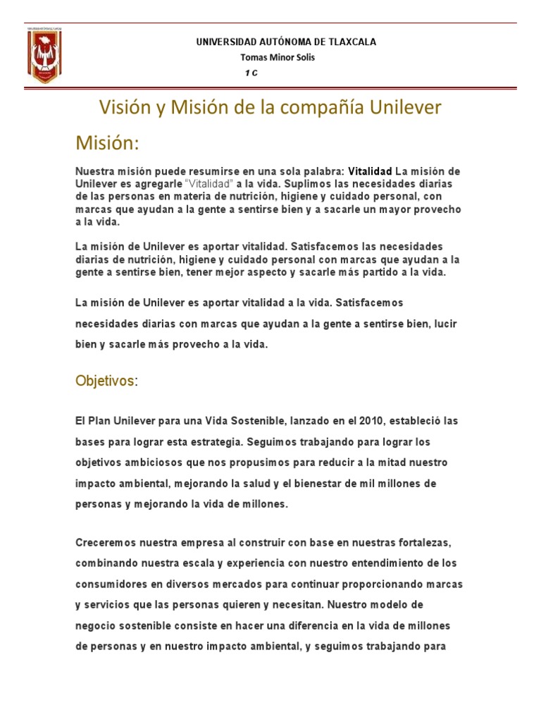 Visión y Misión de La Compañía Unilever | PDF | Unilever | Vida