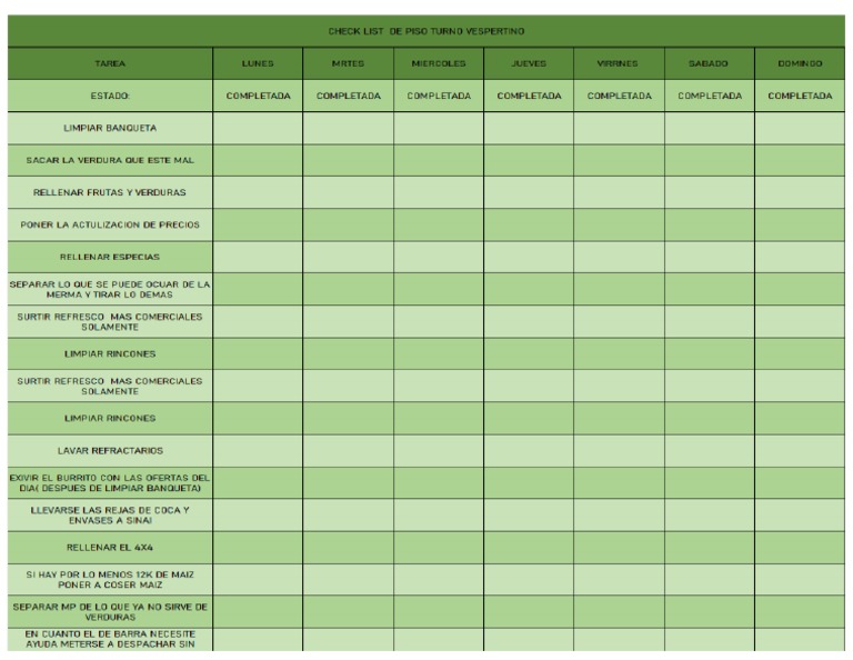 Check List Turno de Mañana | PDF