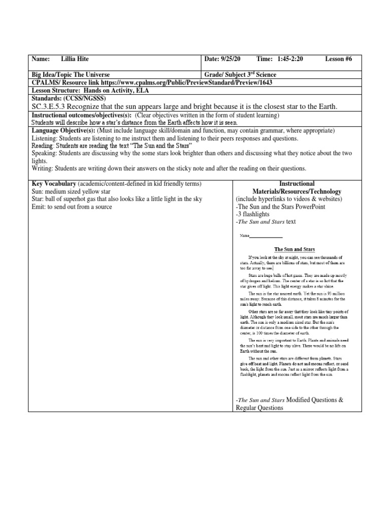 Lesson 6 Form | PDF | Stars | Sun