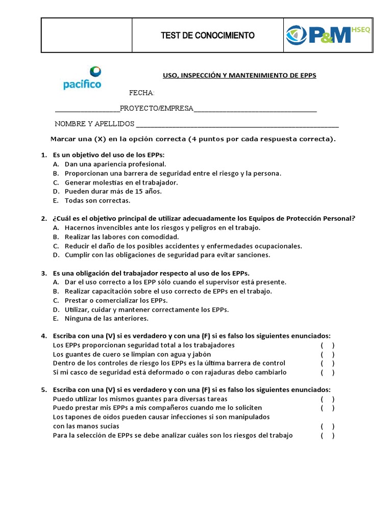 Test de Conocimiento - Uso, Inspección y Mantenimiento de Epps | PDF