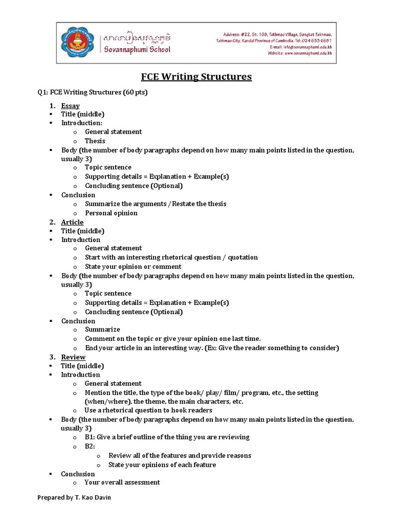 FCE Essay Structures | PDF | Essays | Question