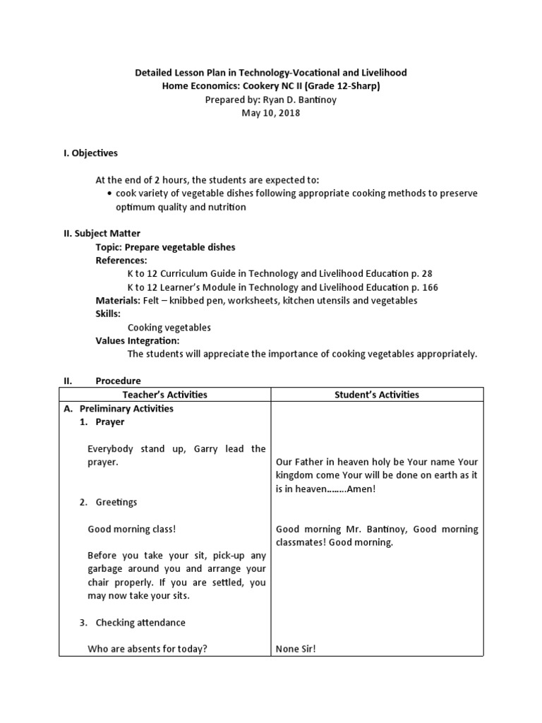 Home Economics Detailed LP | PDF | Vegetables | Baking