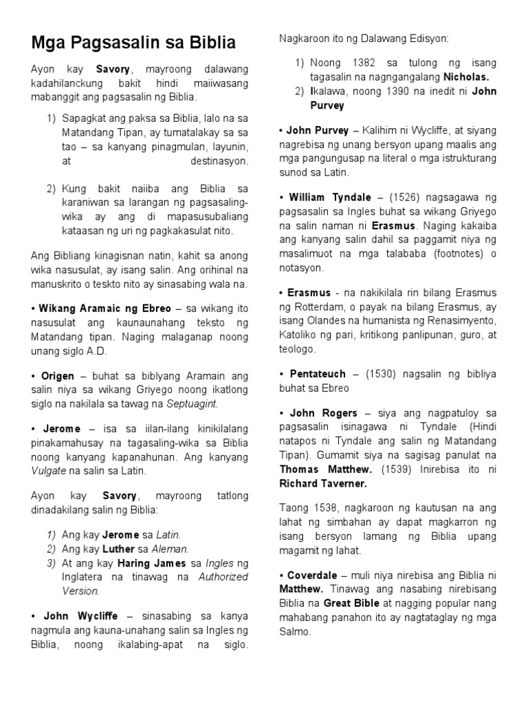 Mga Pagsasalin Sa Biblia | PDF