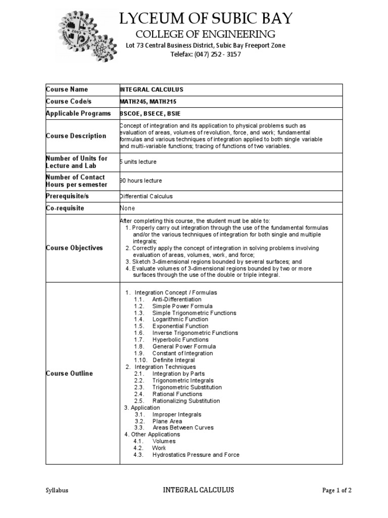 Integral Calculus SYLLABUS | PDF | Integral | Function (Mathematics)