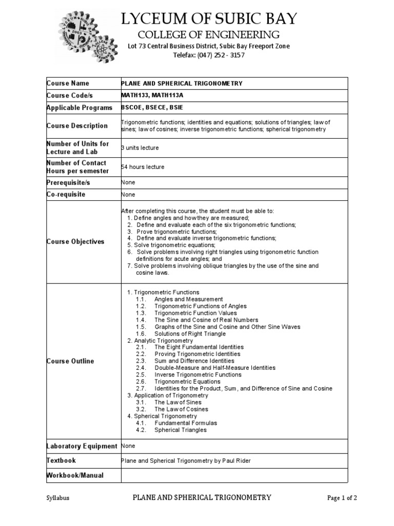 Plane and Spherical Trigonometry SYLLABUS | Download Free PDF | Trigonometric Functions ...