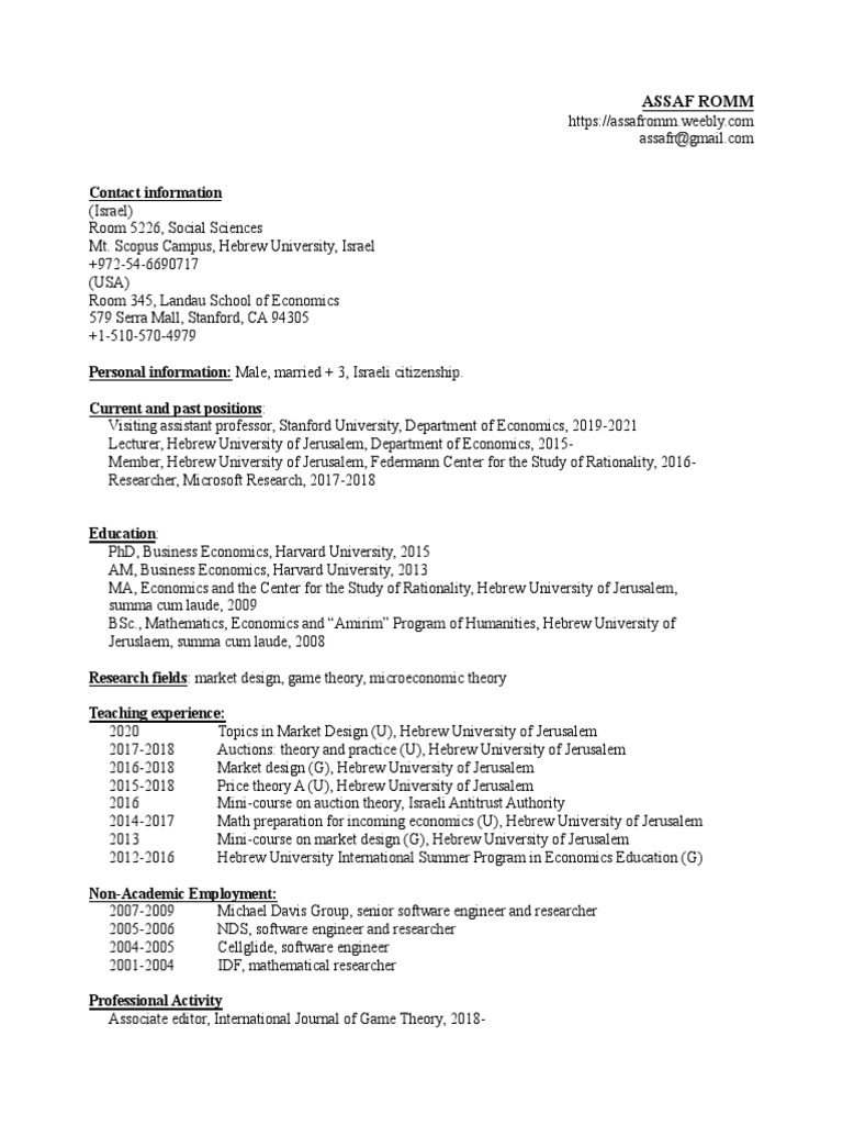 Assaf CV | PDF | Behavioral Economics | Israel