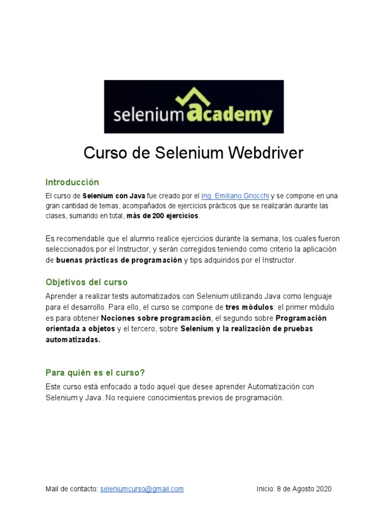 Curso Selenium Básico - Agosto 2020 - Argentina | PDF | Selenio (software) | Java (lenguaje de ...