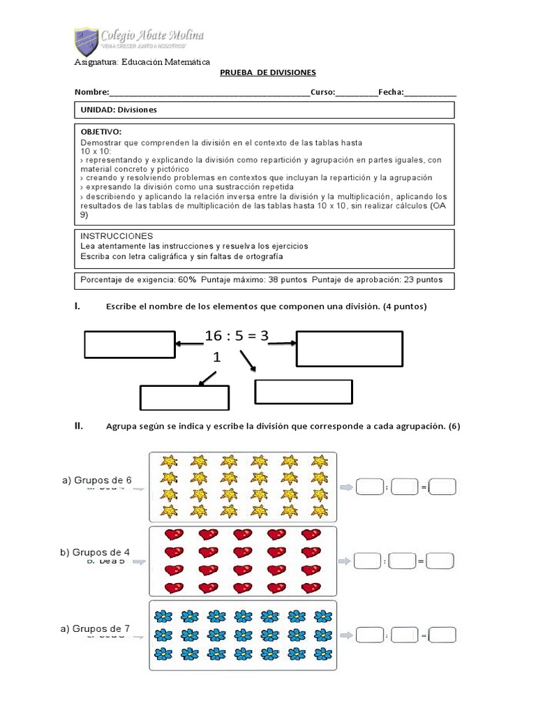 Prueba de Divisiones 4° Básico | PDF | Multiplicación | Enseñanza de ...