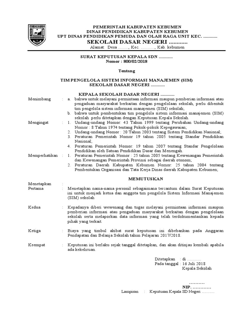 Tim Pengelola SIM SD Negeri 2018 | PDF