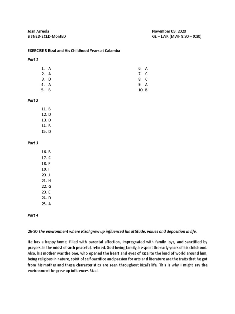 Life of Rizal Chapter 5-10 (Exercise 5,6,7,8,9&10) | PDF