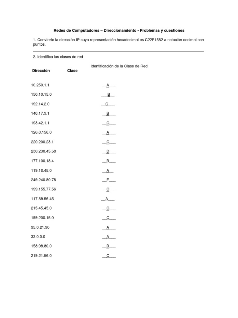 Ejercicios - Direccionamiento 1 PDF | PDF | Dirección IP | Estándares de internet