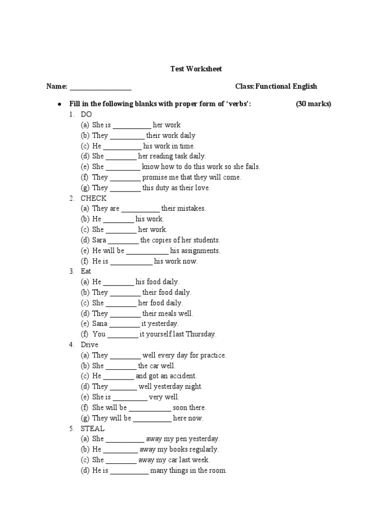 Worksheet Verbs Test | PDF