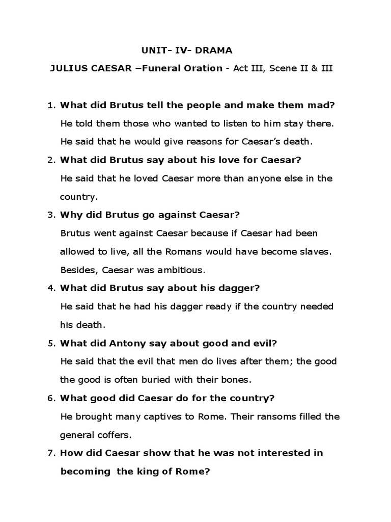 JULIUS CAESAR - Funeral Oration - Act III, Scene II & III | PDF ...