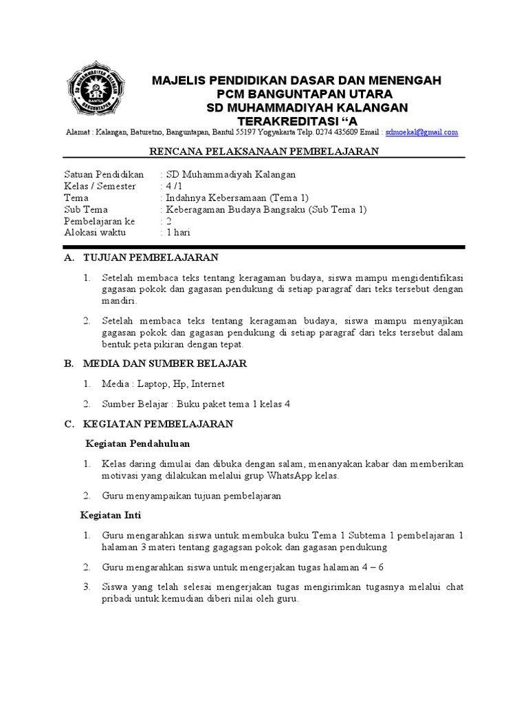 RPP Kelas IV Tema 1 Subtema 1 | PDF