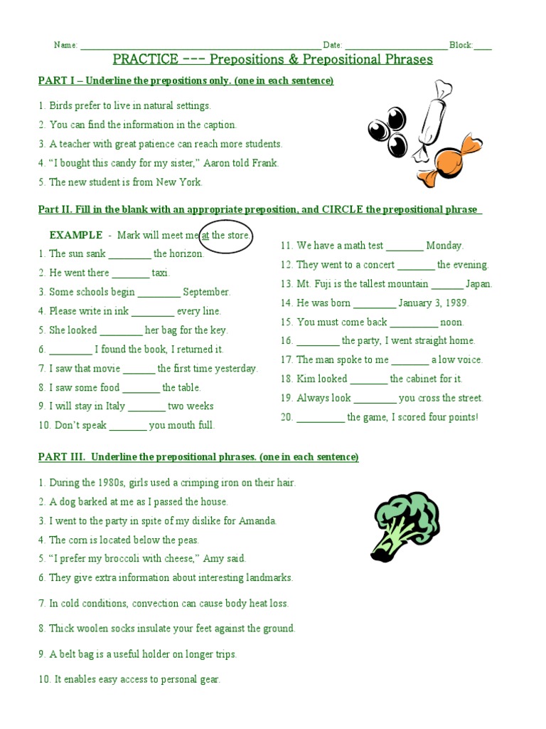 Prepositions and Phrases Practice Worksheet | PDF