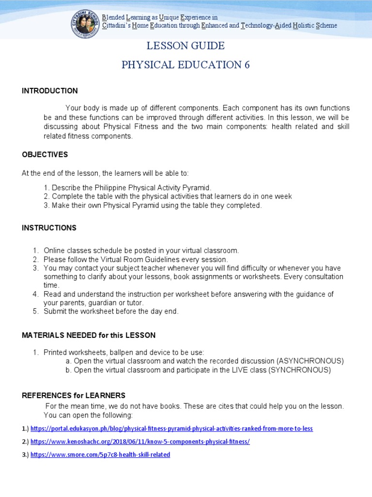 Lesson Guide P.E 6 Week 1 | PDF | Distance Education | Educational ...