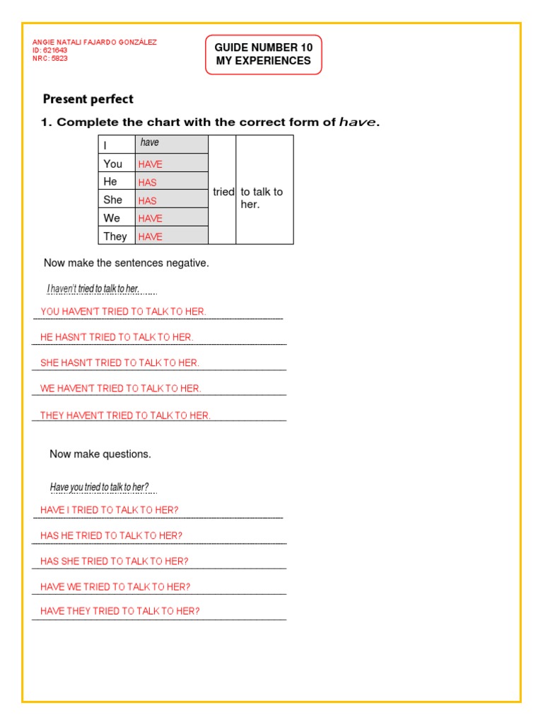 Present Perfect: Guide Number 10 My Experiences | PDF | Syntactic ...