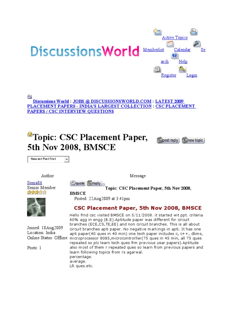 Topic: CSC Placement Paper, 5th Nov 2008, BMSCE | PDF | C (Programming ...