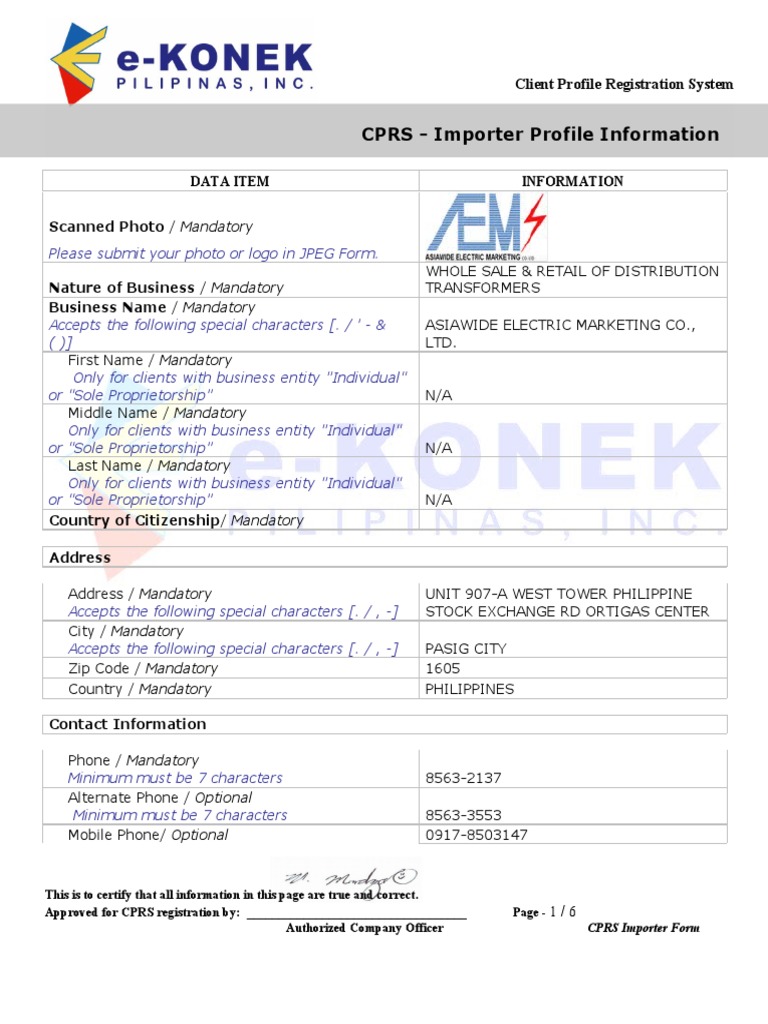 CPRS - Importer Profile Information: Data Item Information Scanned ...