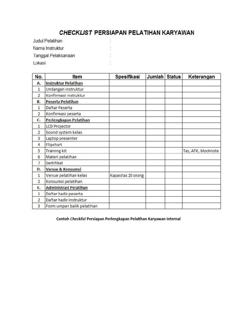 Contoh Checklist Persiapan Perlengkapan Pelatihan Karyawan Internal | PDF