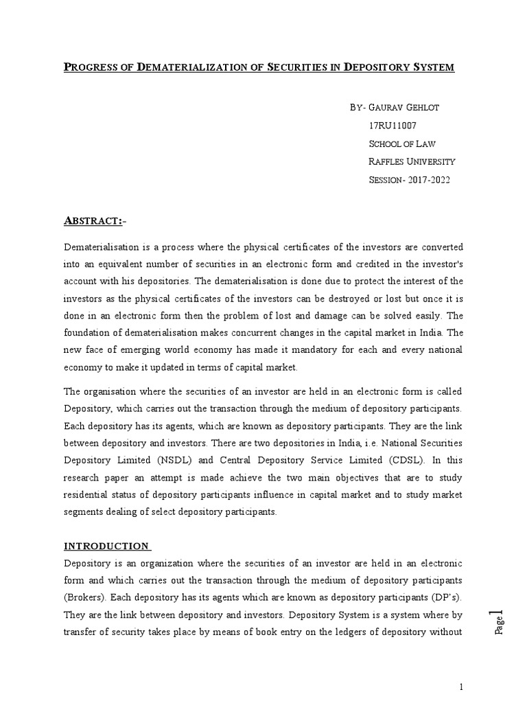 Progress of Dematerialization in India's Depository System | PDF ...