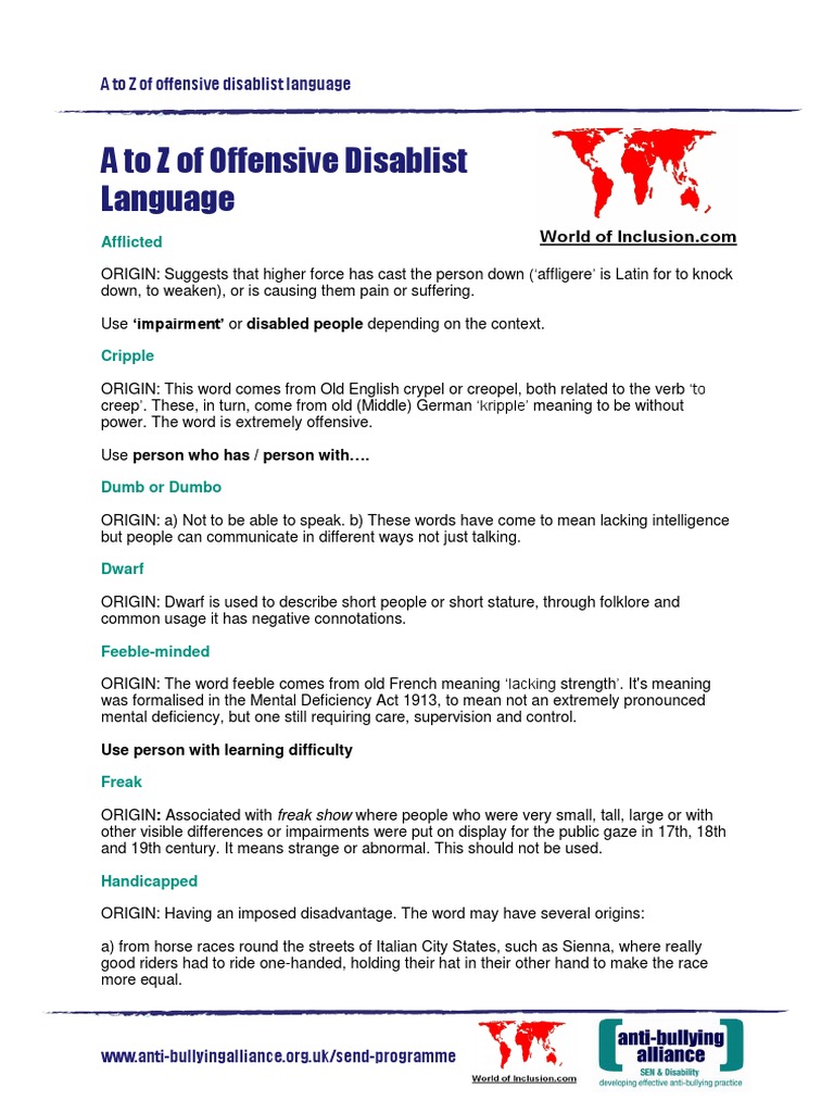 A To Z of Offensive Disablist Language | PDF | Intellectual Disability ...