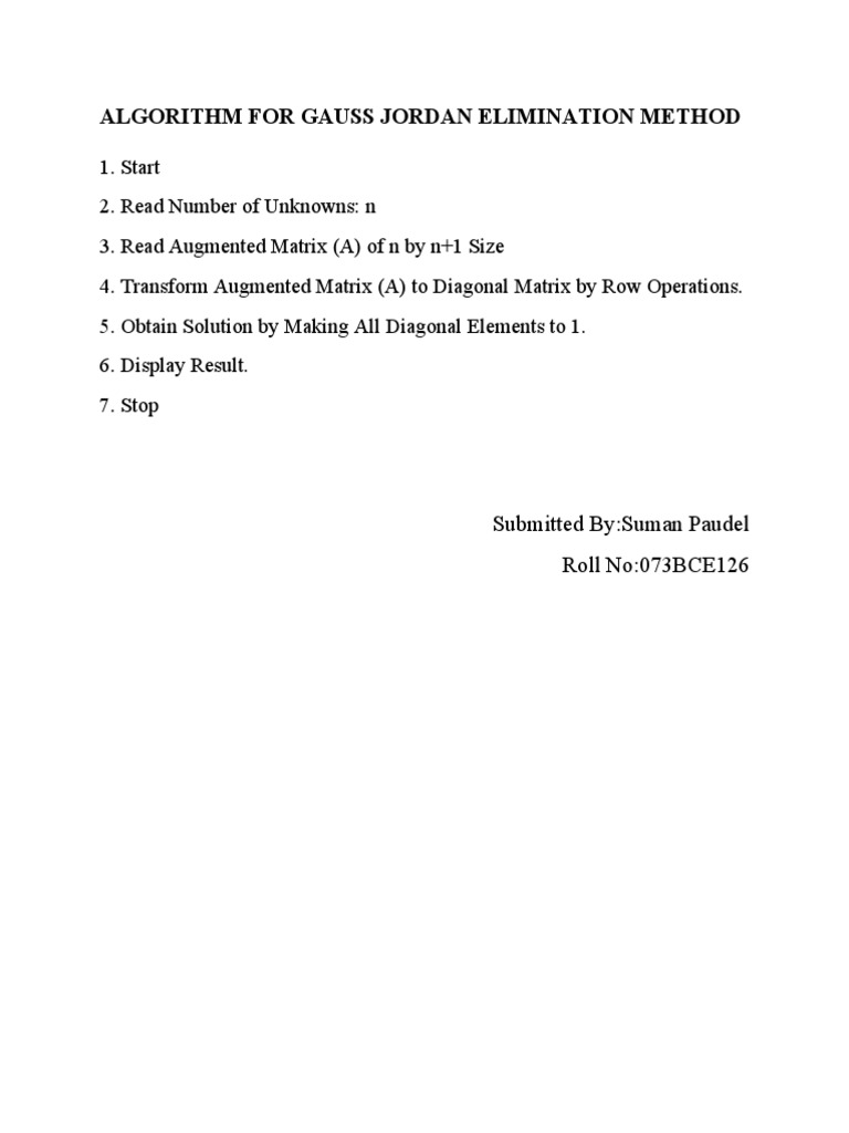 Algorithm For Gauss Jordan Elimination Method | PDF