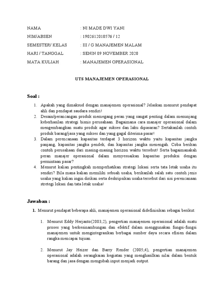 Soal:: Uts Manajemen Operasional | PDF