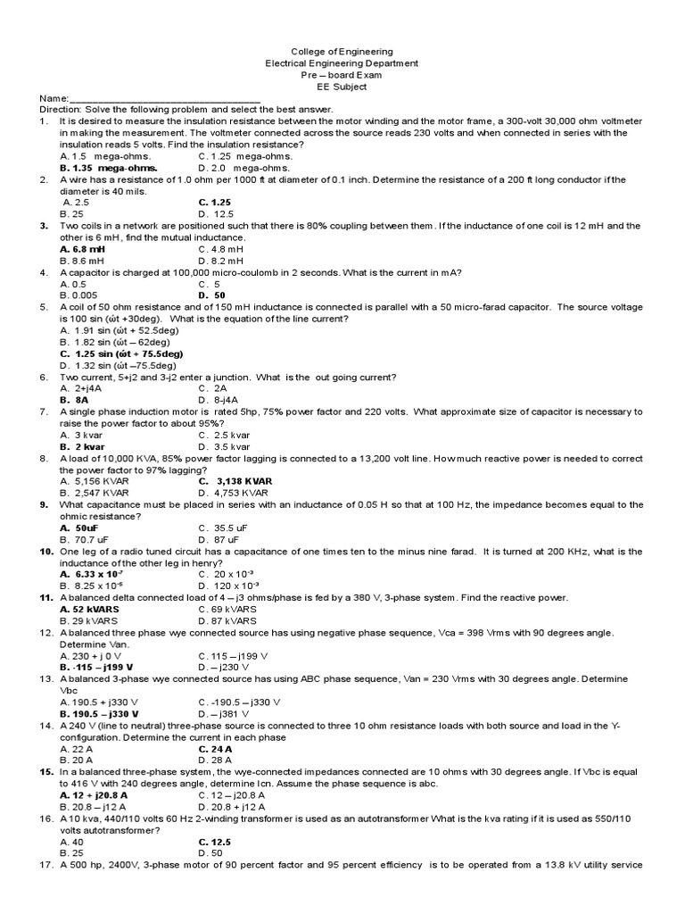Pre-Board Exam for Electrical Engineering Students with Multiple Choice ...