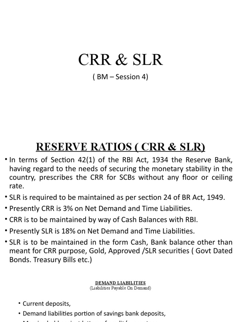 Session. 4. CRR & SLR | PDF | Reserve Bank Of India | Deposit Account