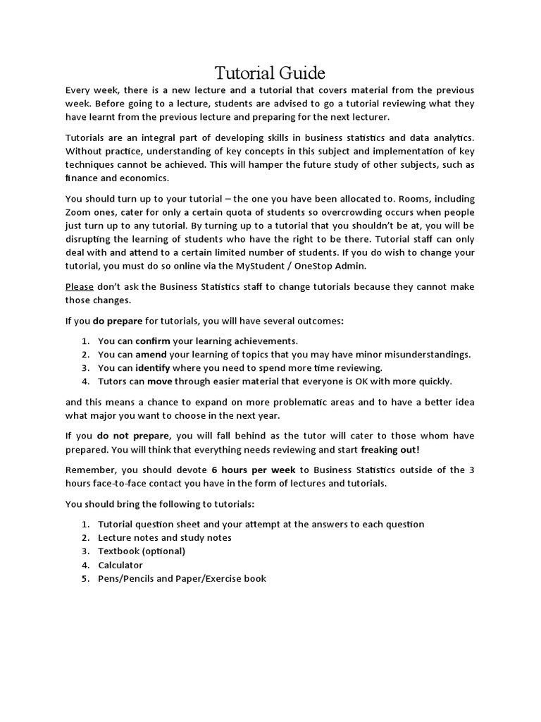 Tutorial Guide: Preparing for Success in Business Statistics Tutorials ...