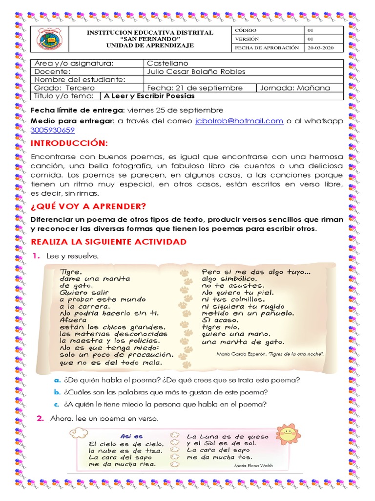 Guia de Castellano Grado Tercero A Escribir Poesía | PDF | Poesía