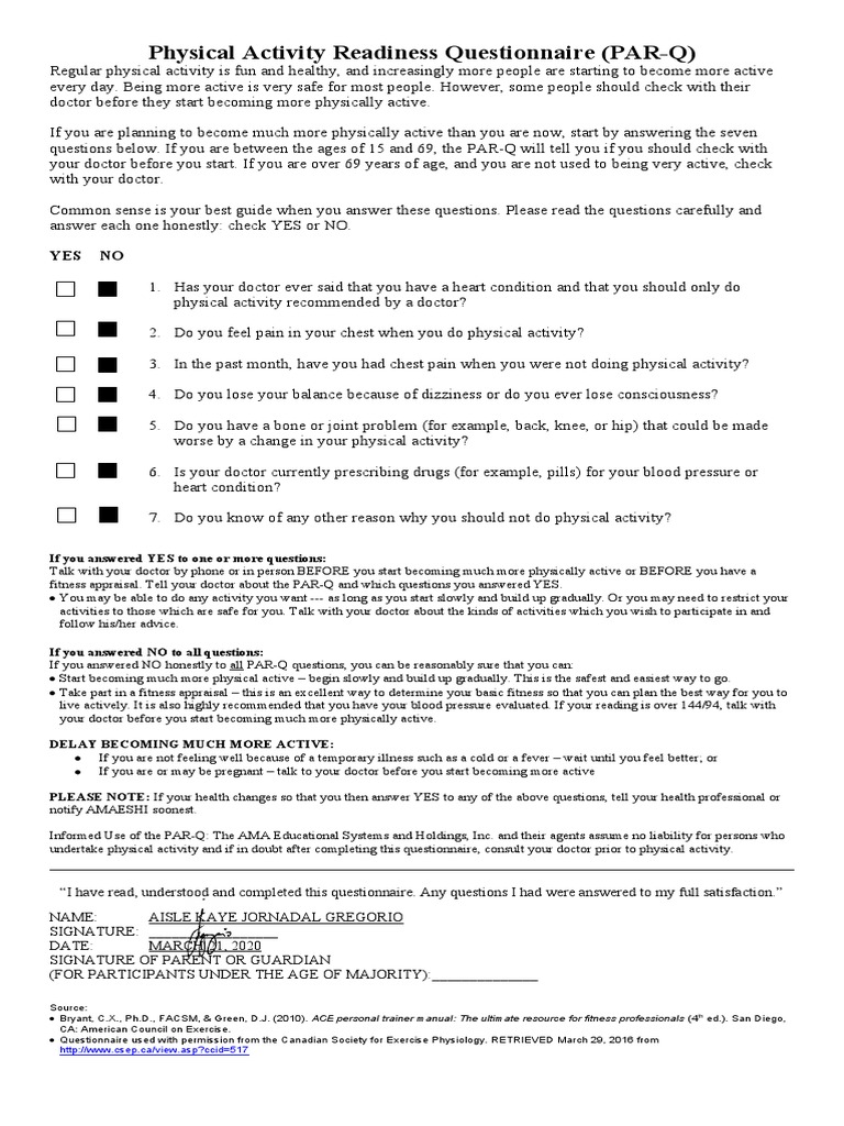 Physical Activity Readiness Questionnaire (PAR-Q) : Yes No | Download Free PDF | Personal ...
