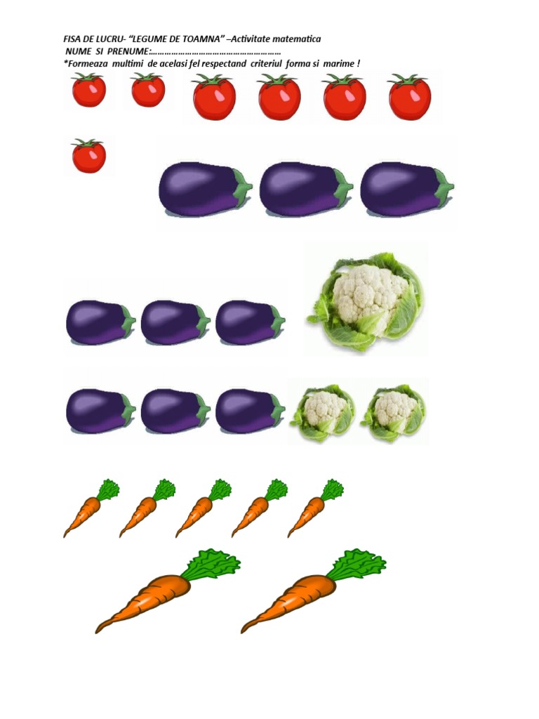 Fisa de Lucru Matematica Multimi Legume Mari Si Mici | PDF