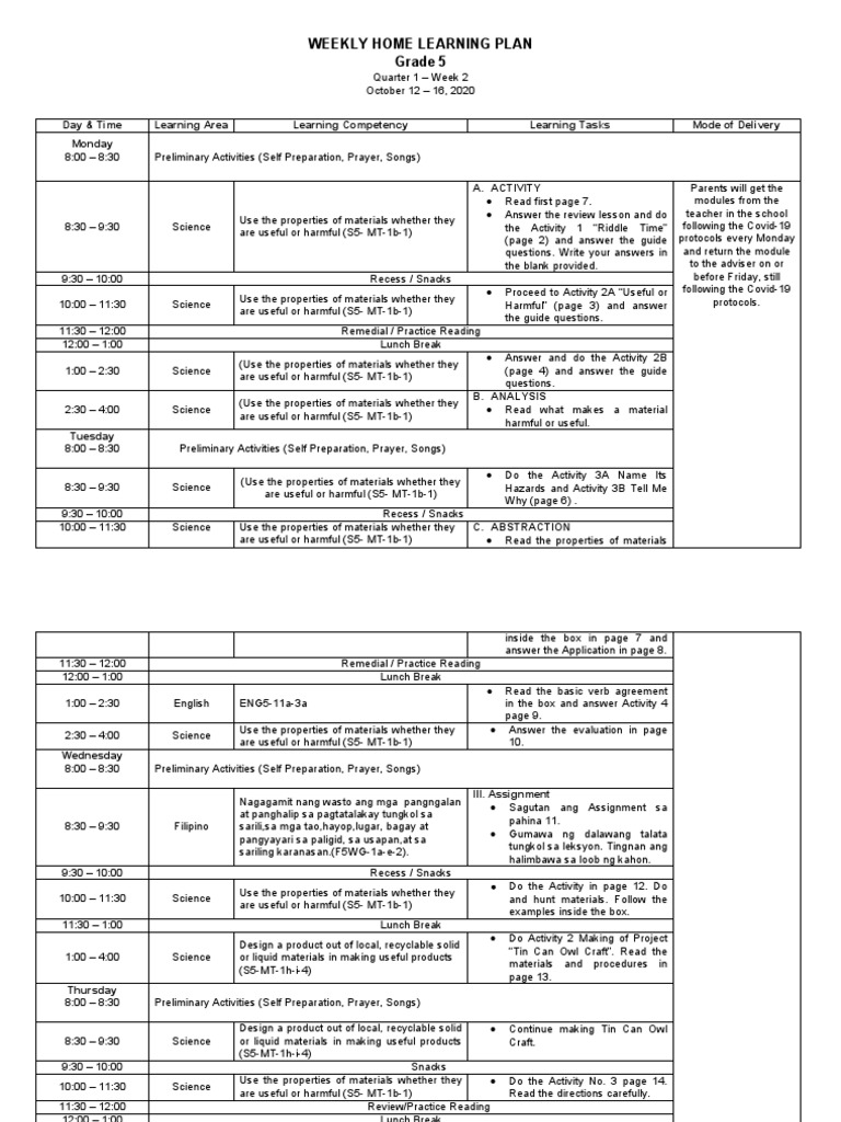 Weekly Home Learning Plan Grade 5: Day & Time Learning Area Learning ...