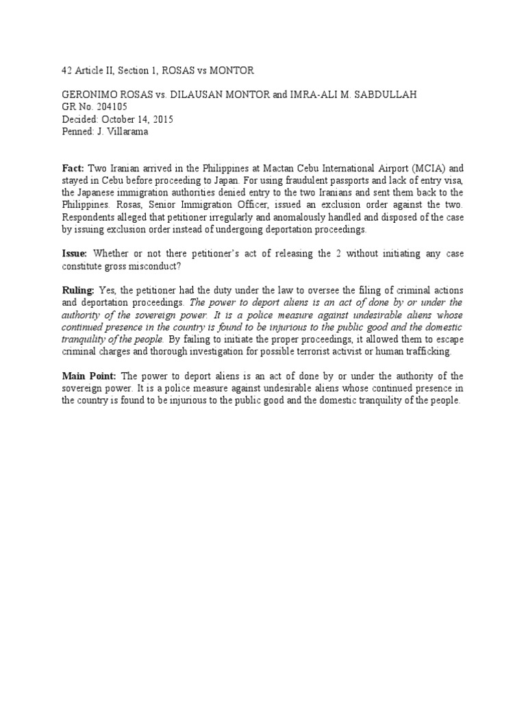 42 Article II Section 1 Rosas vs. Montor | PDF