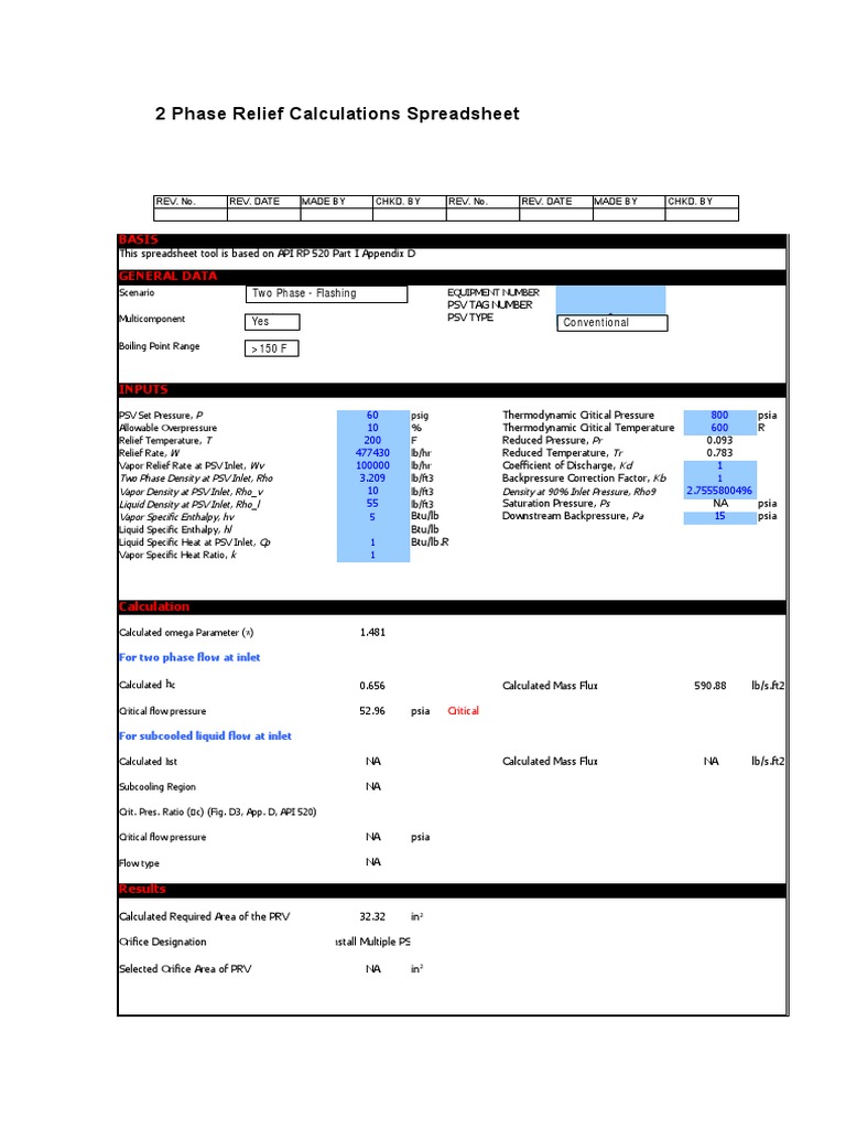 2 Phase Relief Calculations Spreadsheet: Basis General Data | PDF ...