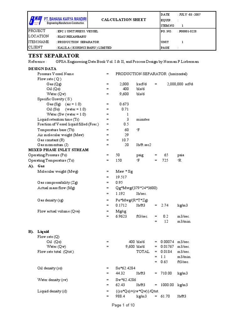 Test Separator: Calculation Sheet | PDF | Transparent Materials | Fluid ...