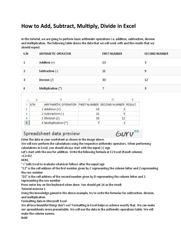 How To Add, Subtract, Multiply, Divide in Excel | PDF | Microsoft Excel ...