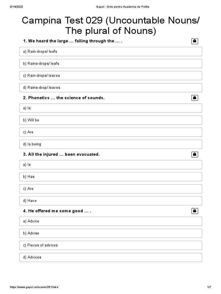 Mastering Plural Nouns and Verb Forms: A Practice Test for Police ...