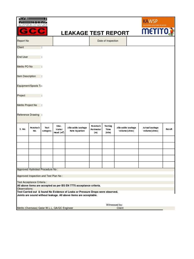 Leak Test Report and Acceptance Criteria | PDF